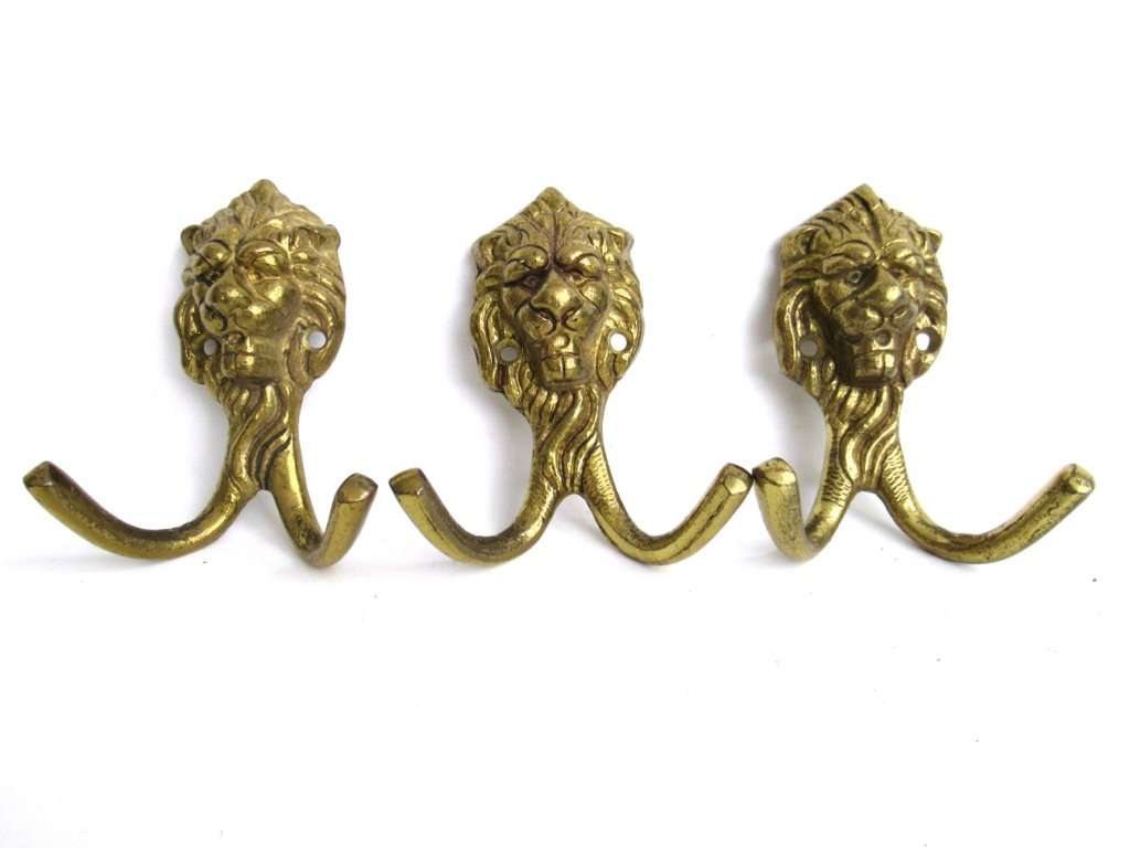 Lion Wall hooks, Set of 3 Brass Lion Head Coat hook, Wall hooks, Solid ...