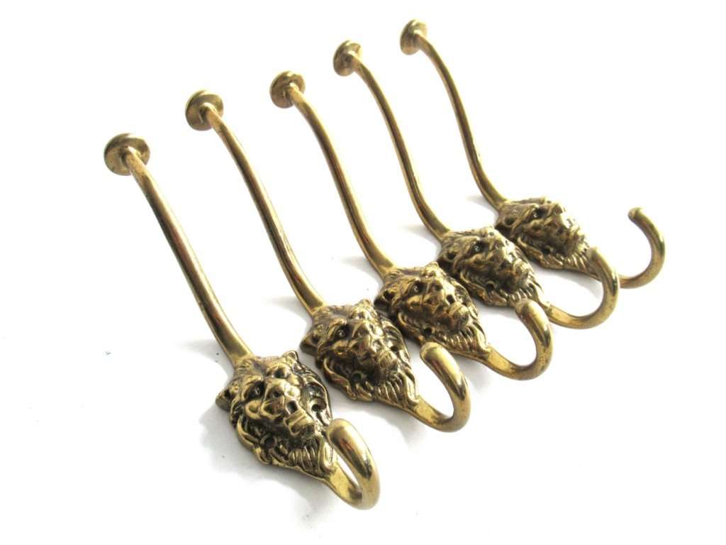 Set of 5 Lion hooks Solid Brass Lion Head Wall hook - Coat hooks. Deco ...