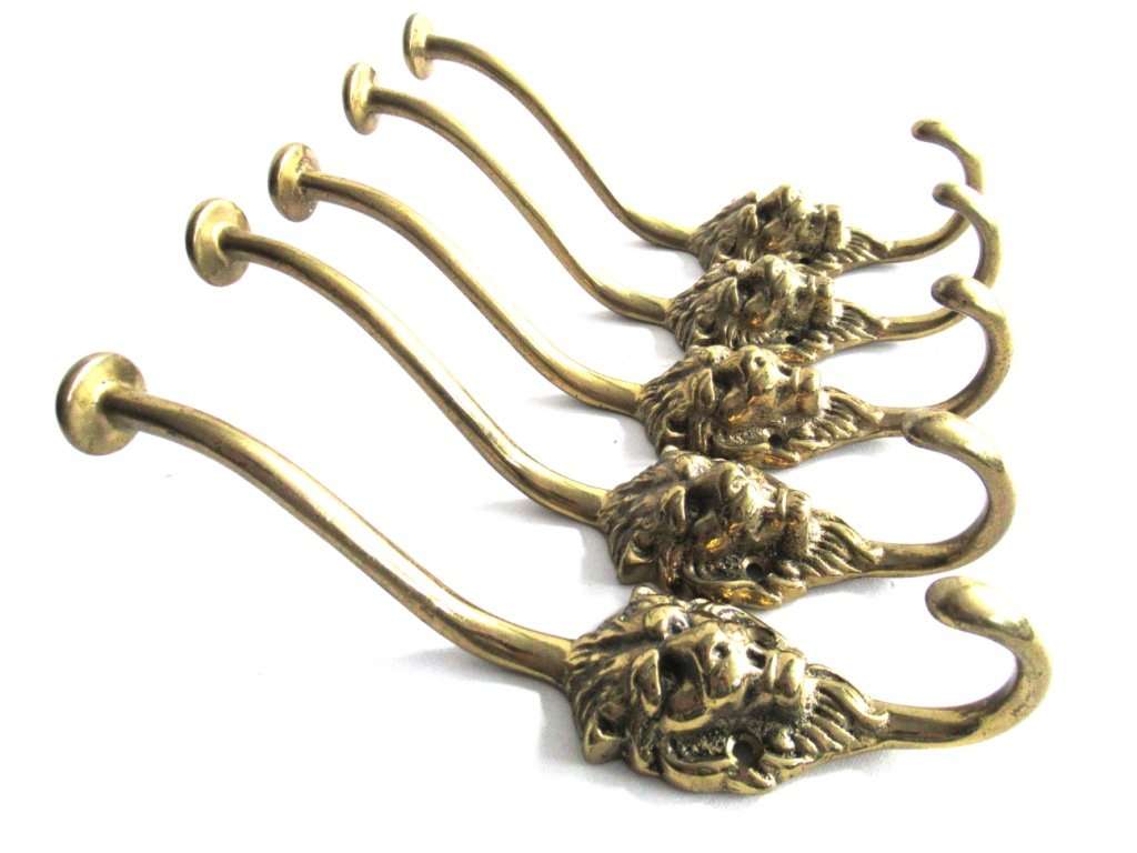Set of 5 Lion hooks Solid Brass Lion Head Wall hook - Coat hooks. Deco ...