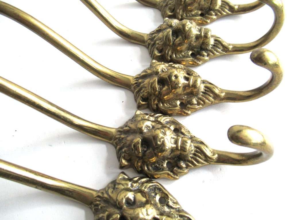 Set of 5 Lion hooks Solid Brass Lion Head Wall hook - Coat hooks. Deco ...
