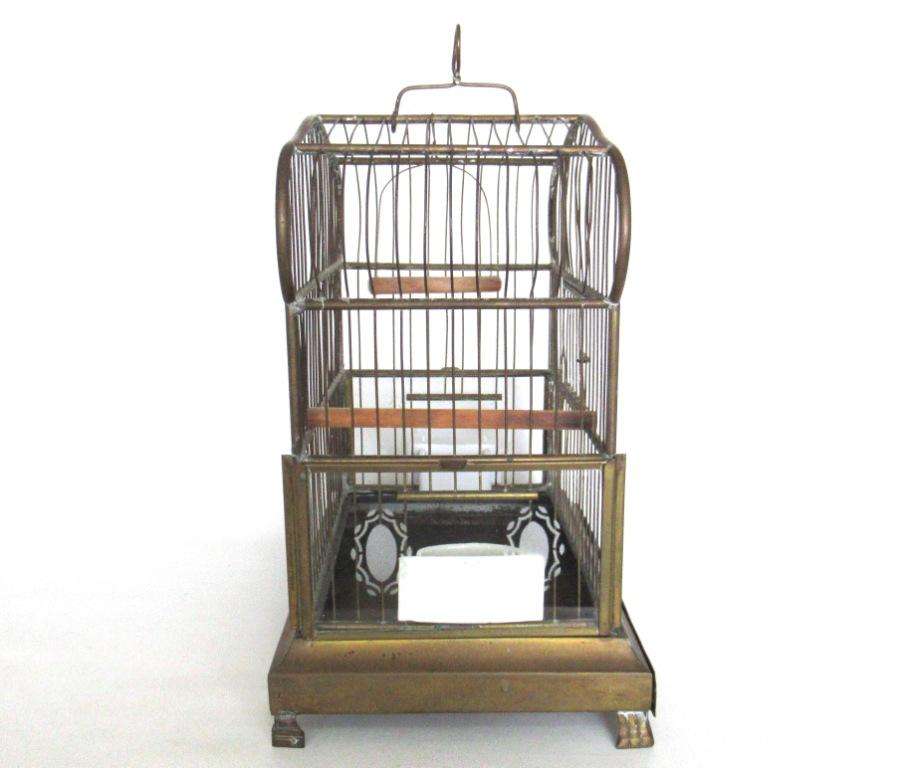 Antique German Bird Cage with porcelain feeders and glass panels on bo ...
