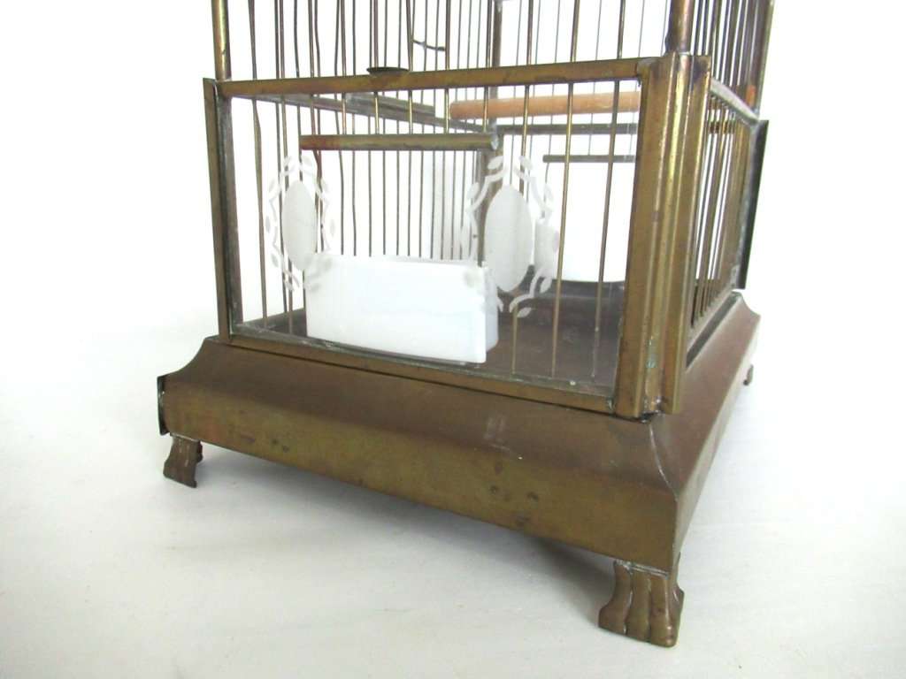 Antique German Bird Cage with porcelain feeders and glass panels on bo ...