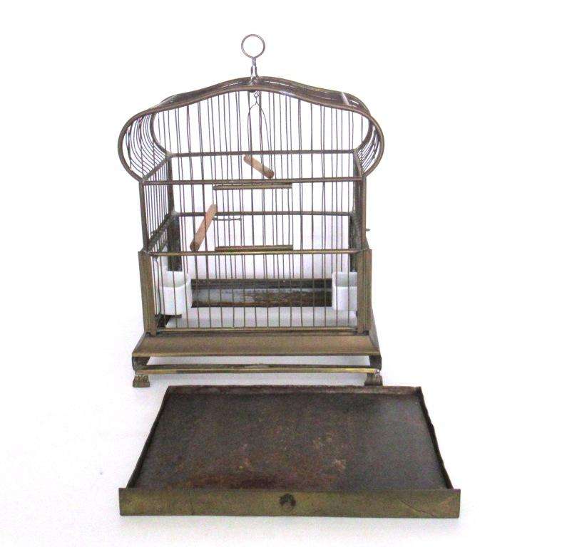Antique German Bird Cage with porcelain feeders and glass panels on bo ...