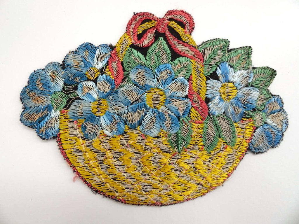 Applique, flower basket applique, 1930s vintage embroidered applique ...