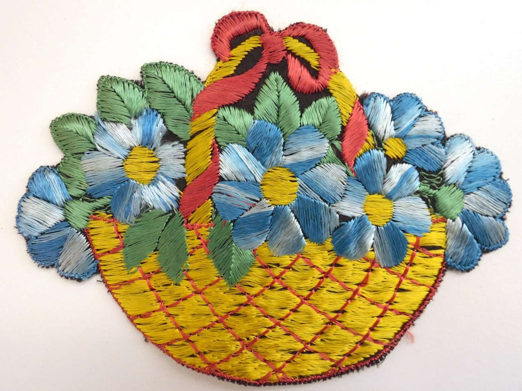 Applique, flower basket applique, 1930s vintage embroidered applique ...