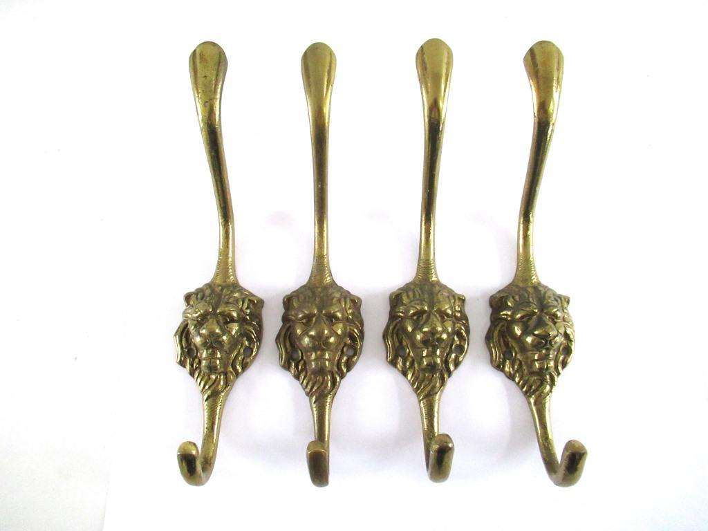 Set of 4 Lion hooks Solid Brass Lion Head Wall hook - Coat hooks. Deco ...